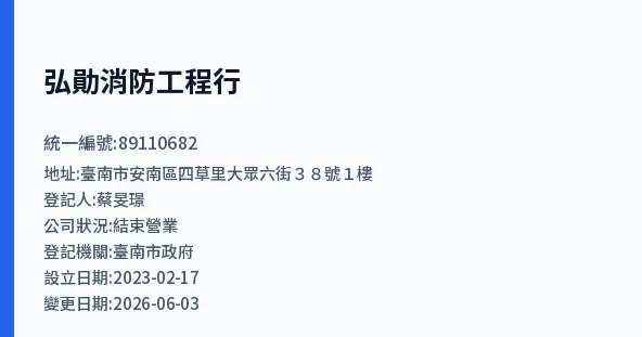 弘勛消防工程行的照片-統編 89110682(臺南市) 公司登記資料與營業項目詳細圖表