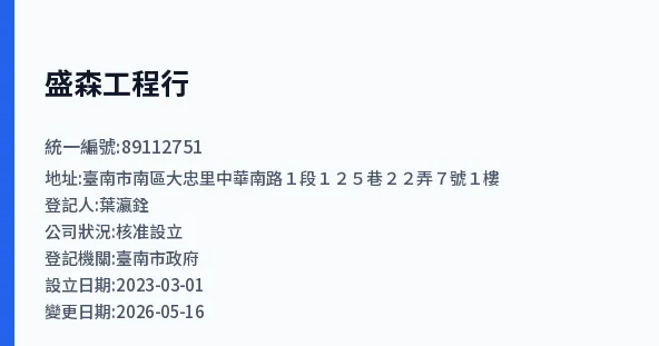盛森工程行的照片-統編 89112751(臺南市) 公司登記資料與營業項目詳細圖表