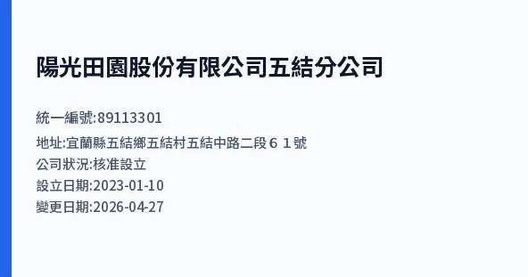 陽光田園股份有限公司五結分公司的照片-統編 89113301(宜蘭縣) 公司登記資料與營業項目詳細圖表