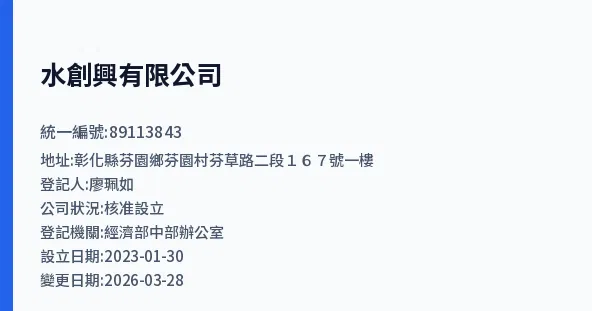 水創興有限公司的照片-統編 89113843(彰化縣) 公司登記資料與營業項目詳細圖表