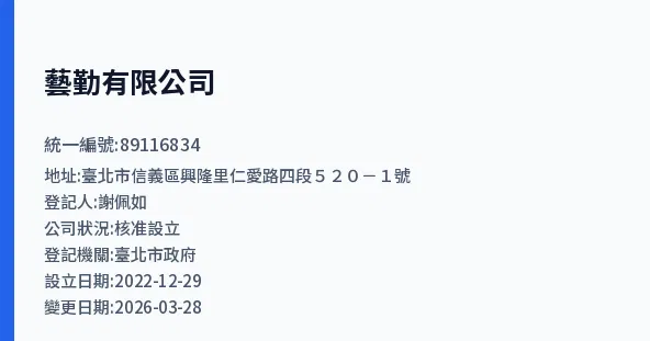藝勤有限公司的照片-統編 89116834(臺北市) 公司登記資料與營業項目詳細圖表