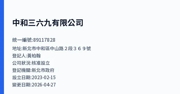 中和三六九有限公司的照片-統編 89117828(新北市) 公司登記資料與營業項目詳細圖表