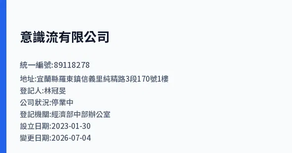 意識流有限公司的照片-統編 89118278(宜蘭縣) 公司登記資料與營業項目詳細圖表