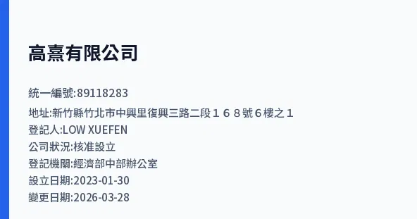高熹有限公司的照片-統編 89118283(新竹縣) 公司登記資料與營業項目詳細圖表