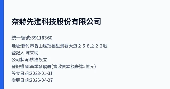 奈赫先進科技股份有限公司的照片-統編 89118360(新竹市) 公司登記資料與營業項目詳細圖表