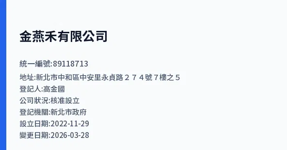 金燕禾有限公司的照片-統編 89118713(新北市) 公司登記資料與營業項目詳細圖表
