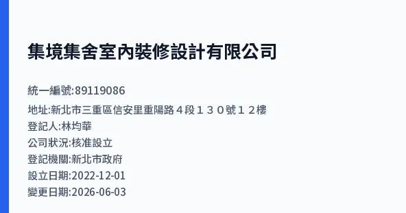 集境集舍室內裝修設計有限公司的照片-統編 89119086(新北市) 公司登記資料與營業項目詳細圖表