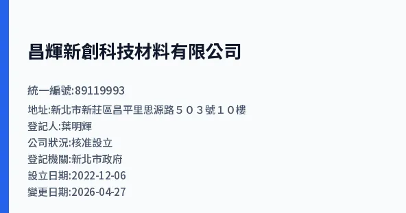 昌輝新創科技材料有限公司的照片-統編 89119993(新北市) 公司登記資料與營業項目詳細圖表