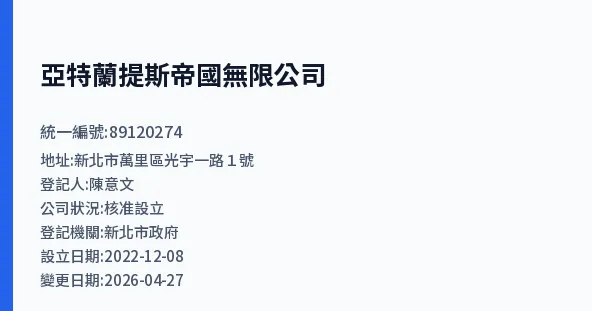 亞特蘭提斯帝國無限公司的照片-統編 89120274(新北市) 公司登記資料與營業項目詳細圖表