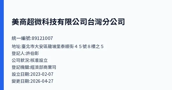 美商超微科技有限公司台灣分公司的照片-統編 89121007(臺北市) 公司登記資料與營業項目詳細圖表