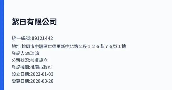 絮日有限公司的照片-統編 89121442(桃園市) 公司登記資料與營業項目詳細圖表