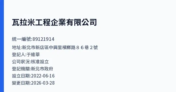 瓦拉米工程企業有限公司的照片-統編 89121914(新北市) 公司登記資料與營業項目詳細圖表