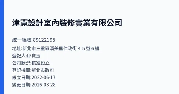 津寬設計室內裝修實業有限公司的照片-統編 89122195(新北市) 公司登記資料與營業項目詳細圖表