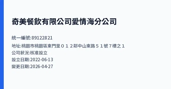 奇美餐飲有限公司愛情海分公司的照片-統編 89122821(桃園市) 公司登記資料與營業項目詳細圖表