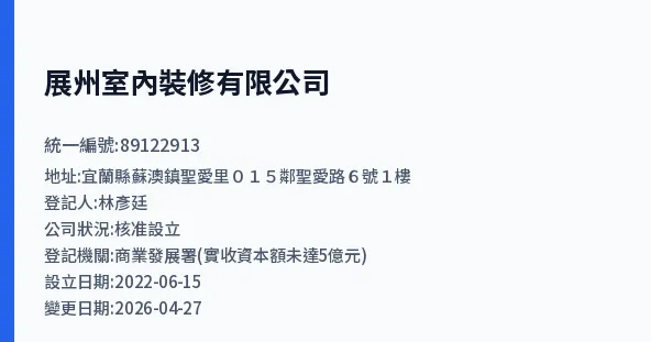展州室內裝修有限公司的照片-統編 89122913(宜蘭縣) 公司登記資料與營業項目詳細圖表