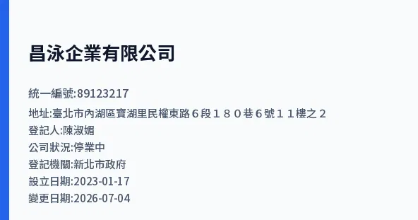 昌泳企業有限公司的照片-統編 89123217(臺北市) 公司登記資料與營業項目詳細圖表