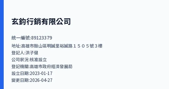 玄鈞行銷有限公司的照片-統編 89123379(高雄市) 公司登記資料與營業項目詳細圖表