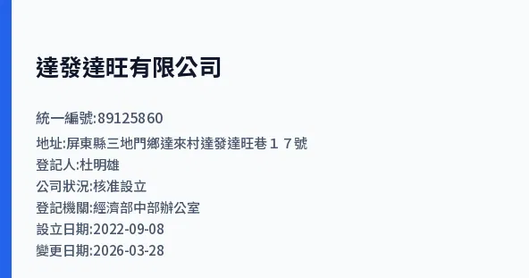 達發達旺有限公司的照片-統編 89125860(屏東縣) 公司登記資料與營業項目詳細圖表