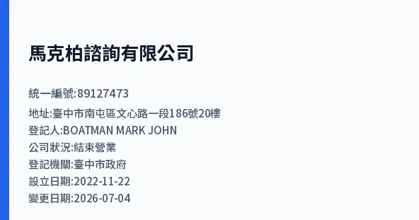馬克柏諮詢有限公司的照片-統編 89127473(臺中市) 公司登記資料與營業項目詳細圖表
