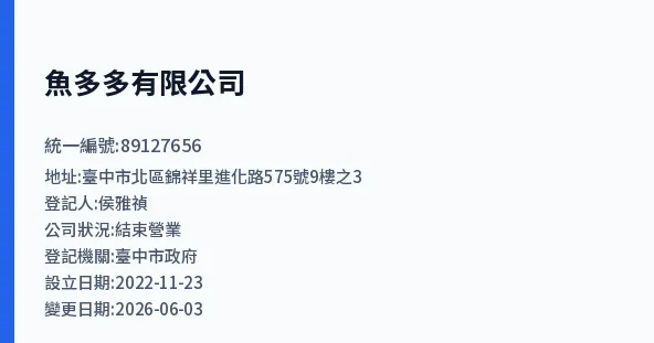 魚多多有限公司的照片-統編 89127656(臺中市) 公司登記資料與營業項目詳細圖表