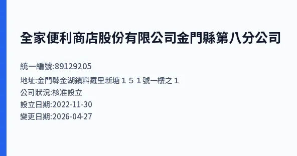 全家便利商店股份有限公司金門縣第八分公司的照片-統編 89129205(金門縣) 公司登記資料與營業項目詳細圖表