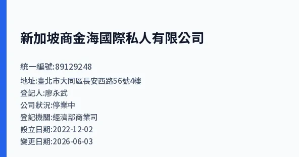 新加坡商金海國際私人有限公司的照片-統編 89129248(臺北市) 公司登記資料與營業項目詳細圖表