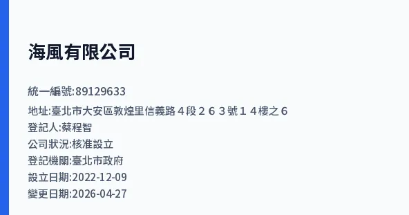 海風有限公司的照片-統編 89129633(臺北市) 公司登記資料與營業項目詳細圖表