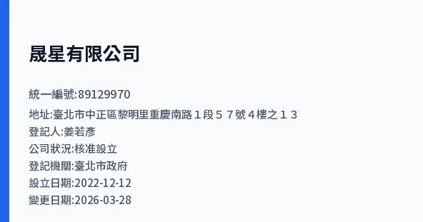 晟星有限公司的照片-統編 89129970(臺北市) 公司登記資料與營業項目詳細圖表