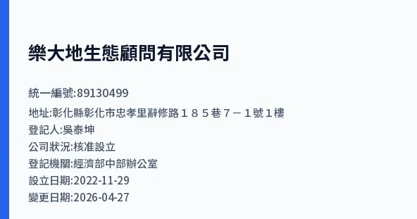 樂大地生態顧問有限公司的照片-統編 89130499(彰化縣) 公司登記資料與營業項目詳細圖表