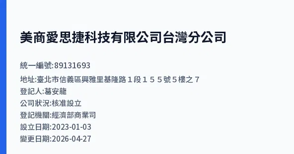 美商愛思捷科技有限公司台灣分公司的照片-統編 89131693(臺北市) 公司登記資料與營業項目詳細圖表