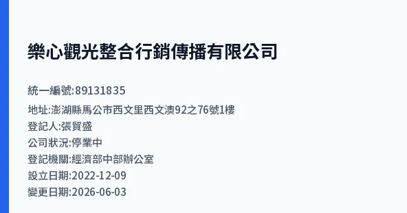 樂心觀光整合行銷傳播有限公司的照片-統編 89131835(澎湖縣) 公司登記資料與營業項目詳細圖表
