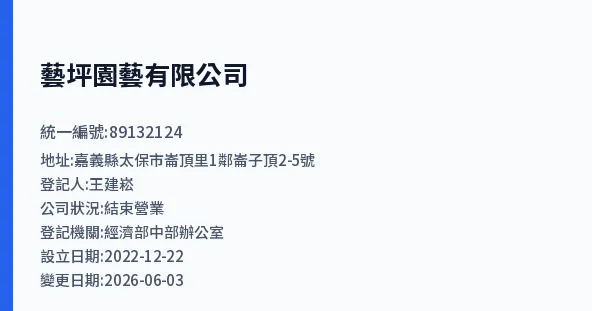 藝坪園藝有限公司的照片-統編 89132124(嘉義縣) 公司登記資料與營業項目詳細圖表