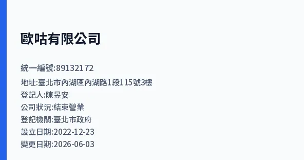 歐咕有限公司的照片-統編 89132172(臺北市) 公司登記資料與營業項目詳細圖表