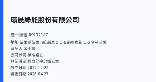 環晨綠能股份有限公司的照片-統編 89132187(苗栗縣) 公司登記資料與營業項目詳細圖表