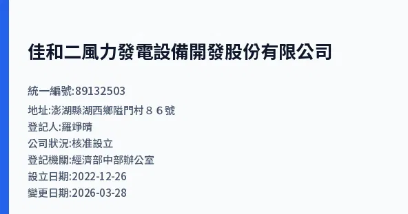 佳和二風力發電設備開發股份有限公司的照片-統編 89132503(澎湖縣) 公司登記資料與營業項目詳細圖表