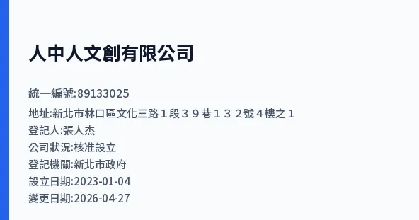 人中人文創有限公司的照片-統編 89133025(新北市) 公司登記資料與營業項目詳細圖表