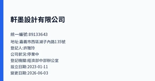 軒墨設計有限公司的照片-統編 89133643(嘉義市) 公司登記資料與營業項目詳細圖表
