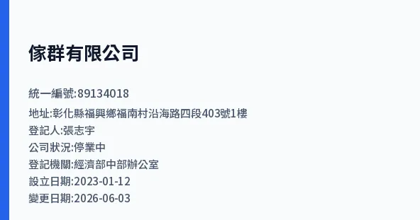 傢群有限公司的照片-統編 89134018(彰化縣) 公司登記資料與營業項目詳細圖表