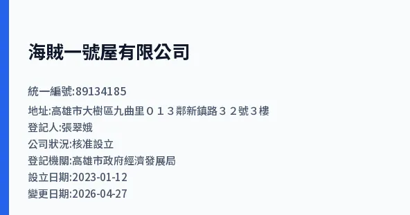 海賊一號屋有限公司的照片-統編 89134185(高雄市) 公司登記資料與營業項目詳細圖表