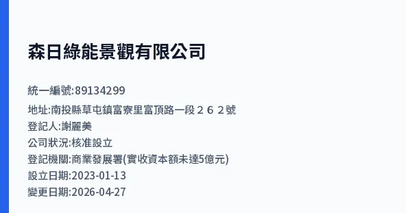 森日綠能景觀有限公司的照片-統編 89134299(南投縣) 公司登記資料與營業項目詳細圖表