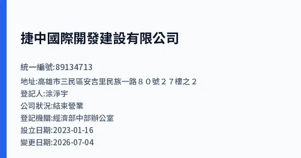 捷中國際開發建設有限公司的照片-統編 89134713(高雄市) 公司登記資料與營業項目詳細圖表