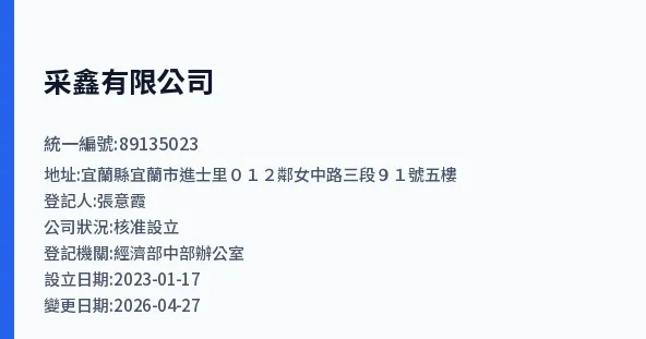 采鑫有限公司的照片-統編 89135023(宜蘭縣) 公司登記資料與營業項目詳細圖表