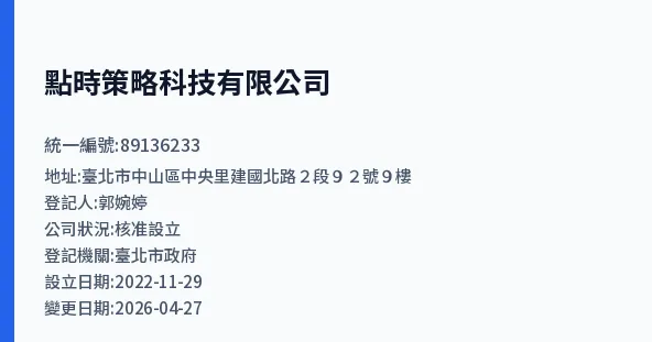點時策略科技有限公司的照片-統編 89136233(臺北市) 公司登記資料與營業項目詳細圖表