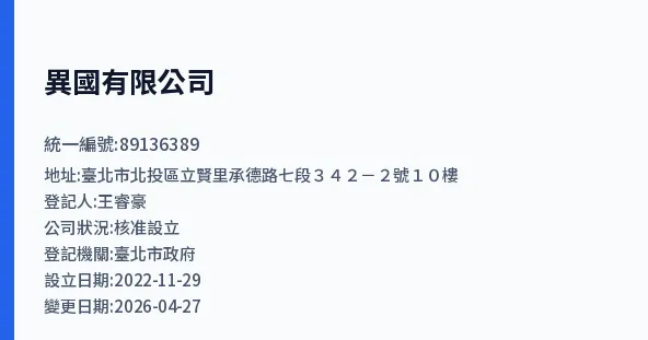 異國有限公司的照片-統編 89136389(臺北市) 公司登記資料與營業項目詳細圖表