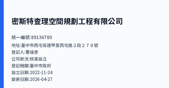 密斯特查理空間規劃工程有限公司的照片-統編 89136780(臺中市) 公司登記資料與營業項目詳細圖表