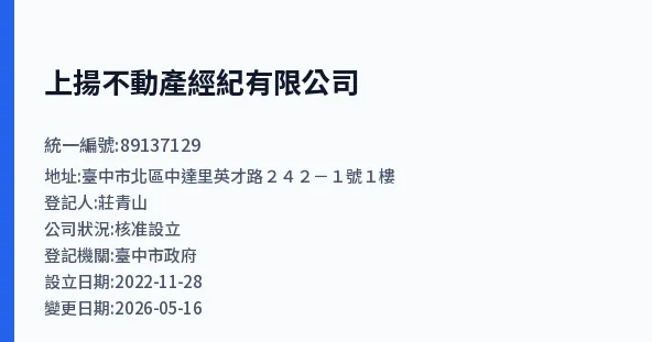 上揚不動產經紀有限公司的照片-統編 89137129(臺中市) 公司登記資料與營業項目詳細圖表