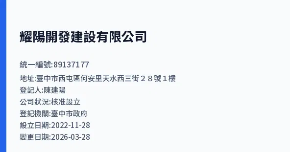 耀陽開發建設有限公司的照片-統編 89137177(臺中市) 公司登記資料與營業項目詳細圖表