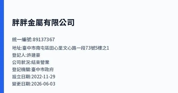 胖胖金屬有限公司的照片-統編 89137367(臺中市) 公司登記資料與營業項目詳細圖表