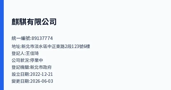 麒騏有限公司的照片-統編 89137774(新北市) 公司登記資料與營業項目詳細圖表