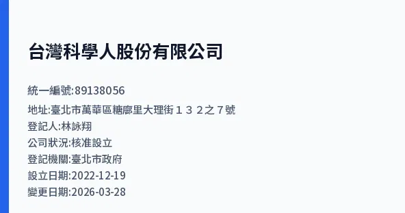 台灣科學人股份有限公司的照片-統編 89138056(臺北市) 公司登記資料與營業項目詳細圖表